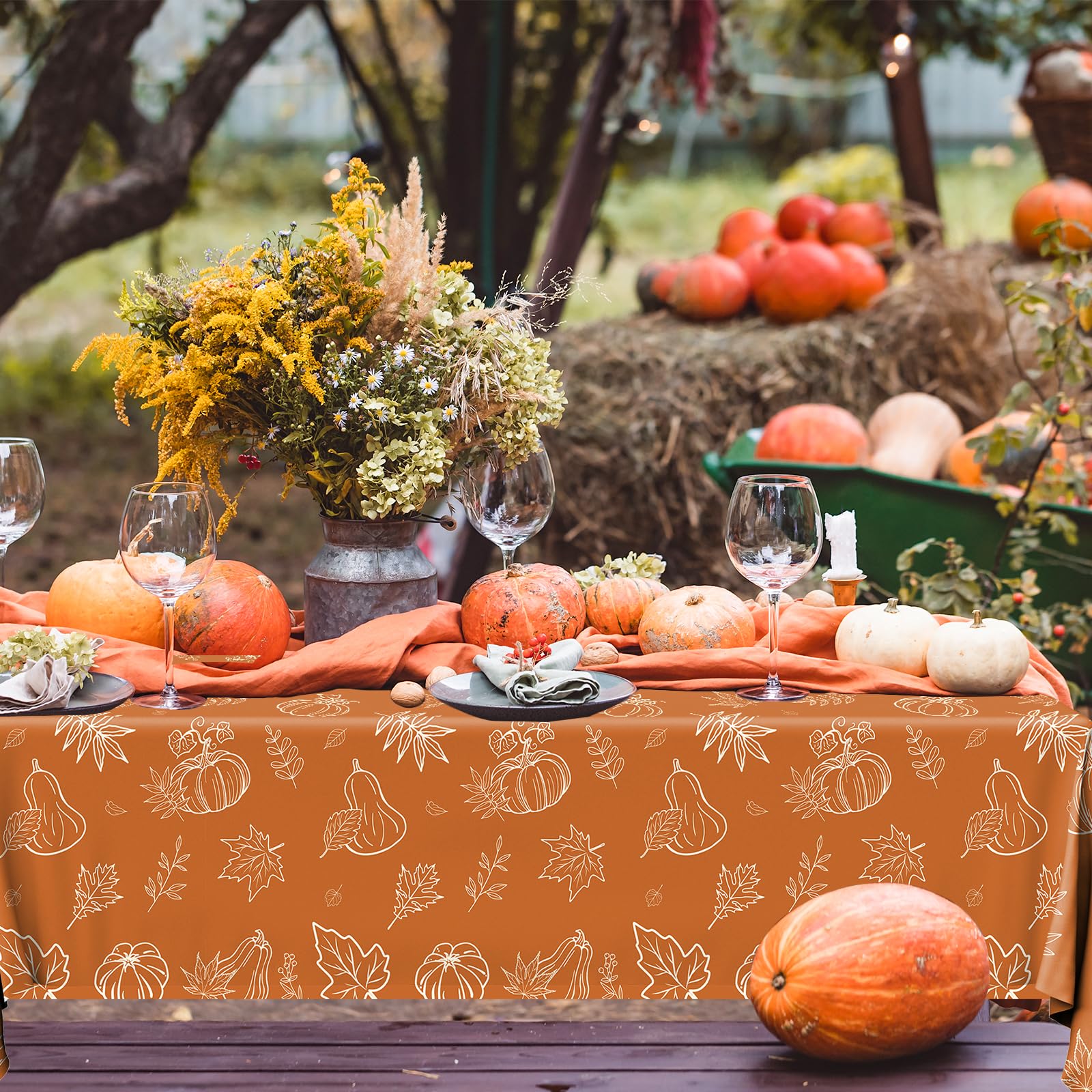 Guzbewu Fall Plastic Tablecloth,3pcs Thanksgiving Fall Pumpkin Tablecloth Waterproof Rectangle Fall Table Cover for Harvest Autumn Thanksgiving Party Decorations