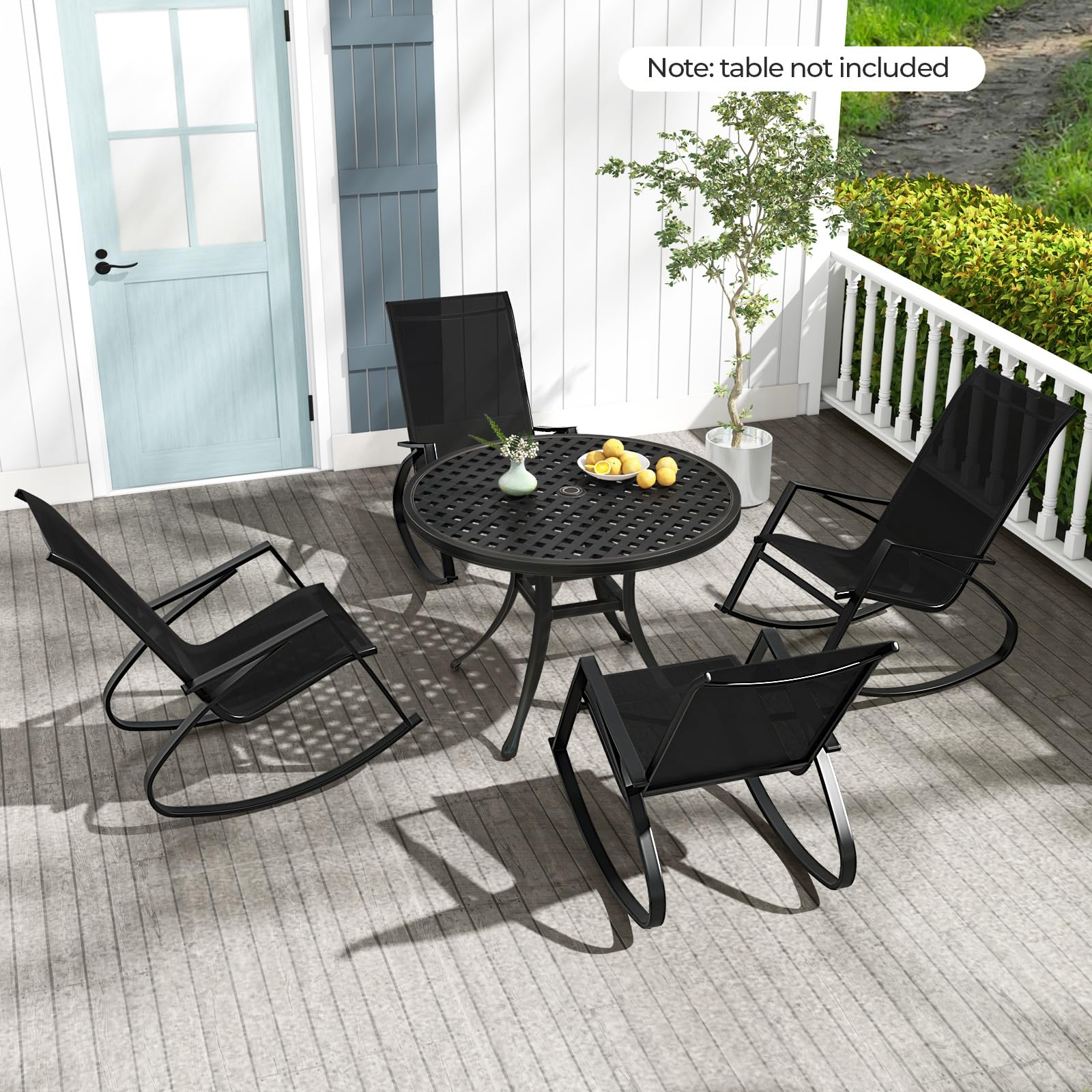 Tangkula Outdoor Rocking Chairs Set of 4, Patio Sling Fabric Rockers with Ergonomic Backrest & Seat, Safe Stoppers & Non-Slip Rubber Mats, Metal Frame Rockers for Backyard, Front Porch (Black)