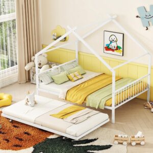 metal house bed for kids, full size bed frame with trundle bed twin, kids bed frame with headboard and footboard, full size house bed for kids, girls, boys(full white)