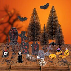 Halloween Village Ornaments Accessories Miniatures Include Pumpkins Skeletons Scary Dead Warlock Tombstones Coffin Spiders Pine Trees Fence Figurines for Hallowmas Party Decor