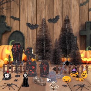 Halloween Village Ornaments Accessories Miniatures Include Pumpkins Skeletons Scary Dead Warlock Tombstones Coffin Spiders Pine Trees Fence Figurines for Hallowmas Party Decor