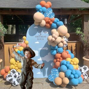 ECEAE Cowboy Theme Balloon Arch Garland Kit, 131Pcs Brown, Nude, Mustard Yellow, Blue, Cloud Print and Cow Print Balloons for Baby Shower, First Rodeo Birthday, Farm Party, Toy Theme Decorations