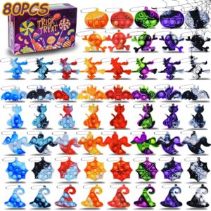 80pcs halloween party favors for kids, halloween fidgets toys with mini pop keychain, halloween fidget sensory pop toys, classroom prizes box, treasure chest halloween treat bags gifts, stress relief