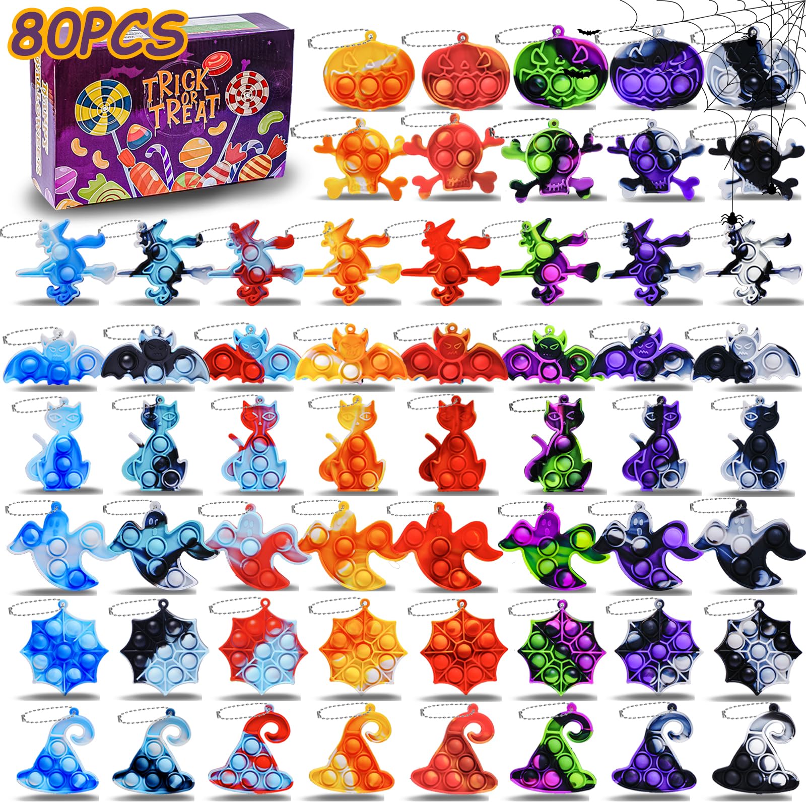 80Pcs Halloween Party Favors for Kids, Halloween Fidgets Toys with Mini Pop Keychain, Halloween Fidget Sensory Pop Toys, Classroom Prizes Box, Treasure Chest Halloween Treat Bags Gifts, Stress Relief