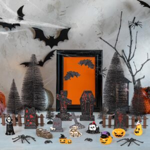 Halloween Village Ornaments Accessories Miniatures Include Pumpkins Skeletons Scary Dead Warlock Tombstones Coffin Spiders Pine Trees Fence Figurines for Hallowmas Party Decor