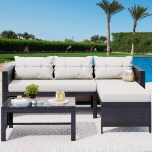 Vongrasig 3 Piece Patio Furniture Sets, All-Weather PE Wicker Outdoor Sofa Couch Sectional Set, Small Conversation Set for Garden/Patio w/Cushion, Glass Table, Beige