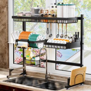 adoymiro dish drying rack - large over the sink dish drainer drying rack (30.0" to 33.9" w), large capacity stainless steel dish rack, multifunctional kitchen organizers and storage rack, black