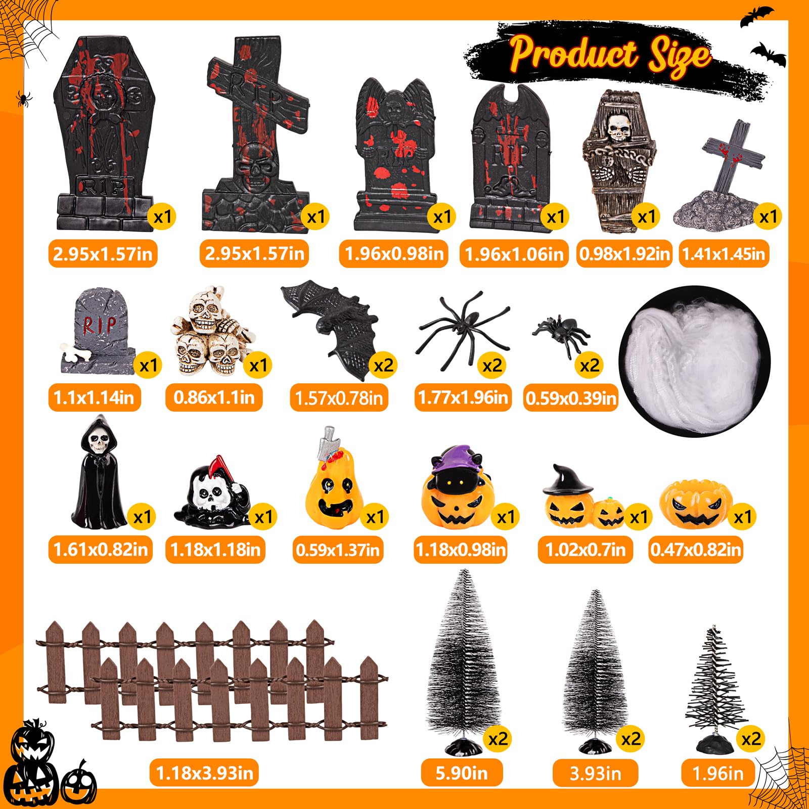 Halloween Village Ornaments Accessories Miniatures Include Pumpkins Skeletons Scary Dead Warlock Tombstones Coffin Spiders Pine Trees Fence Figurines for Hallowmas Party Decor