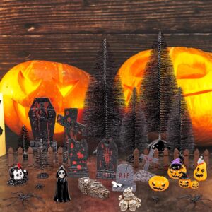 Halloween Village Ornaments Accessories Miniatures Include Pumpkins Skeletons Scary Dead Warlock Tombstones Coffin Spiders Pine Trees Fence Figurines for Hallowmas Party Decor