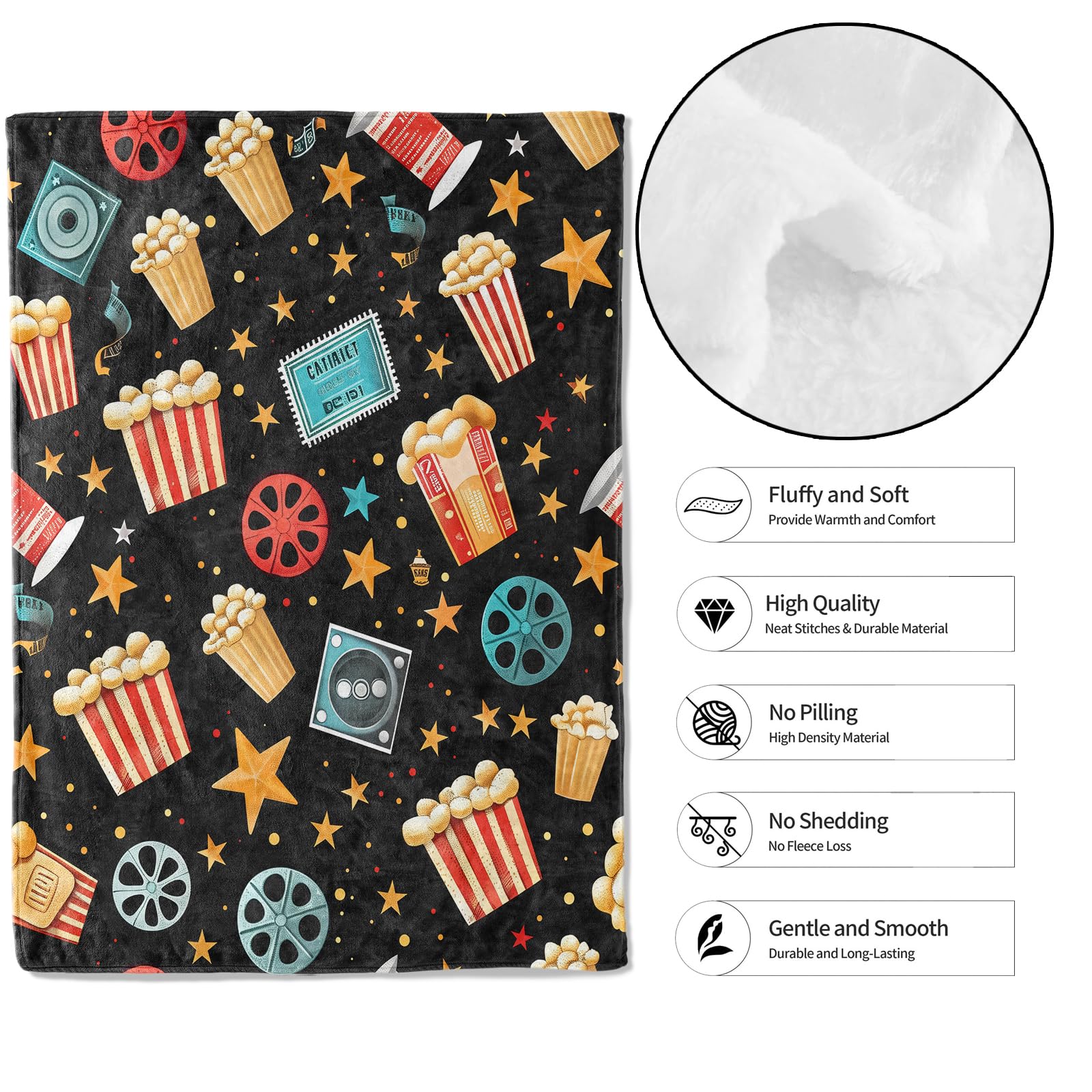 MIEPOS Popcorn Film Reels, and Star Throw Blanket - 50x60in,Ultra Soft, Cozy Lightweight Flannel,Movie Night Blankets - Gifts for Kids Boys Girls,for Couch Office Travel,Home Living Room Decor