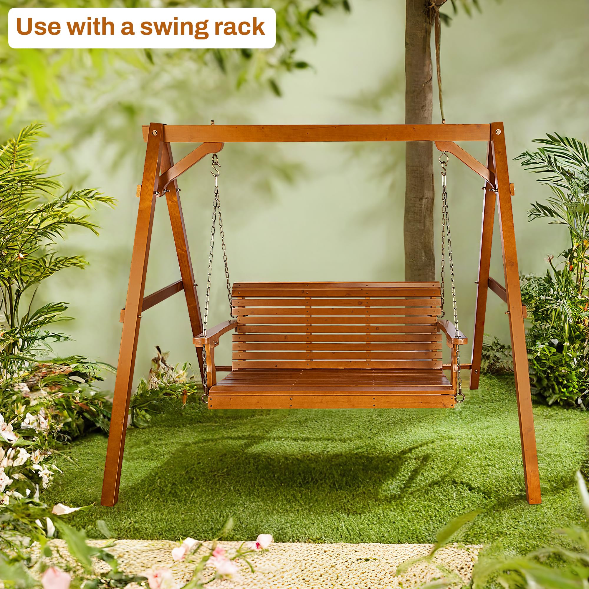 SULIVES Outdoor Wooden Porch Swing, Porch Swings Outdoor with 23 inches Depth, Patio Porch Bench Swing with 51.2 inches Wide，Heavy Duty 1000 LBS, Outdoor Swings for Backyard & Garden.