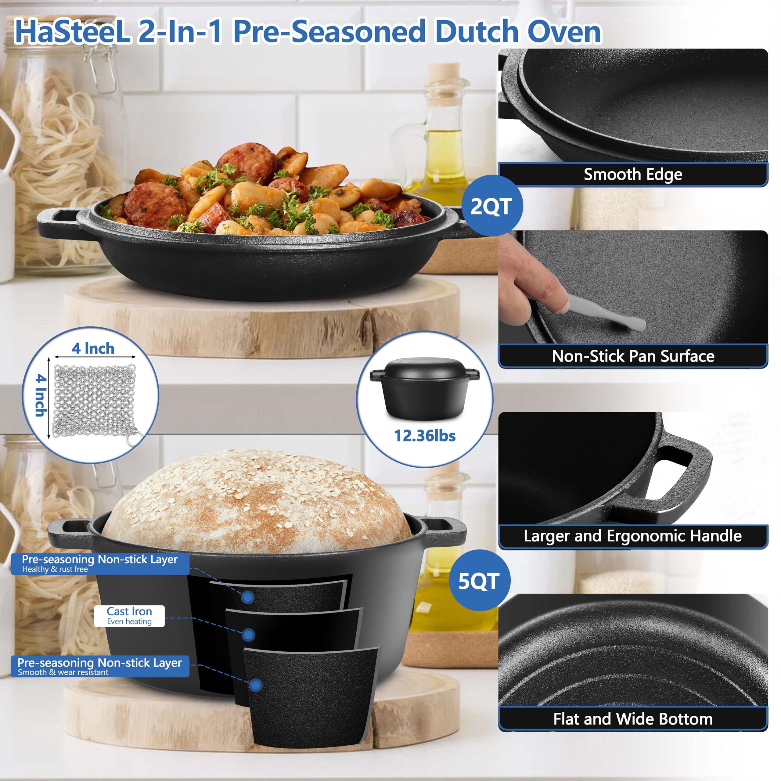 HaSteeL 5 Quart Cast Iron Dutch Oven, 2-In-1 Pre-seasoned Dutch Oven with Chain Mail, Ideal for Sourdough Bread Baking Cooking Stewing Frying Roasting, Camping, 5 QT Stock Pot & 2 QT Skillet Lid Pan