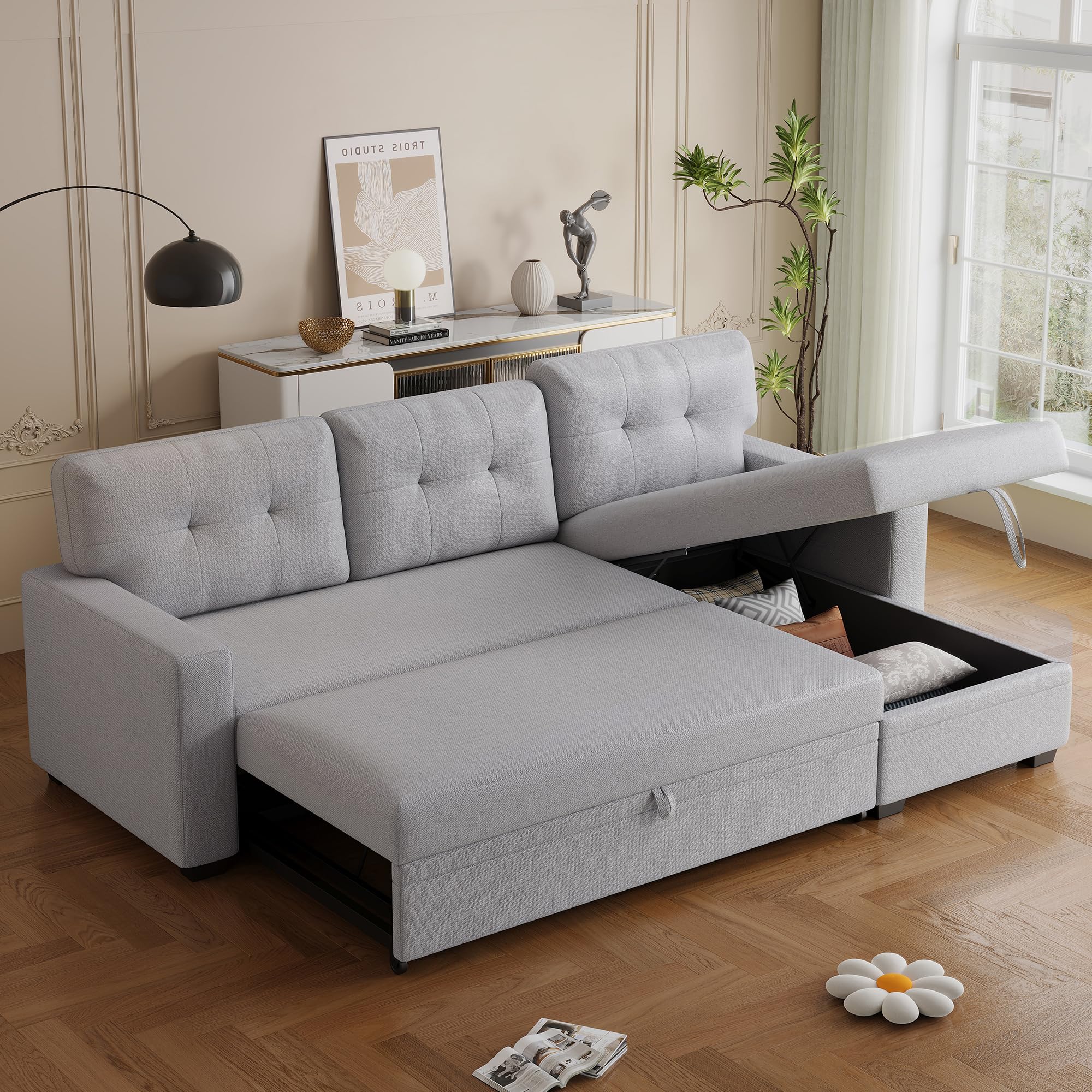 Jintop 82" L-Shape Convertible Sleeper Sectional Sofa with Storage Chaise and Pull-Out Bed,Upholstered Reversible Corner 3 Seater Couch with Button Tufted Backrest & Armrest,for Living Room,Light Gray