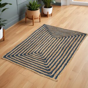 superior braided dyed jute handwoven indoor area rug, jute floor decor for entry, kitchen, living room, dining room, bedroom, office, apartment, hand-woven modern farmhouse rugs, 2' x 3', navy blue