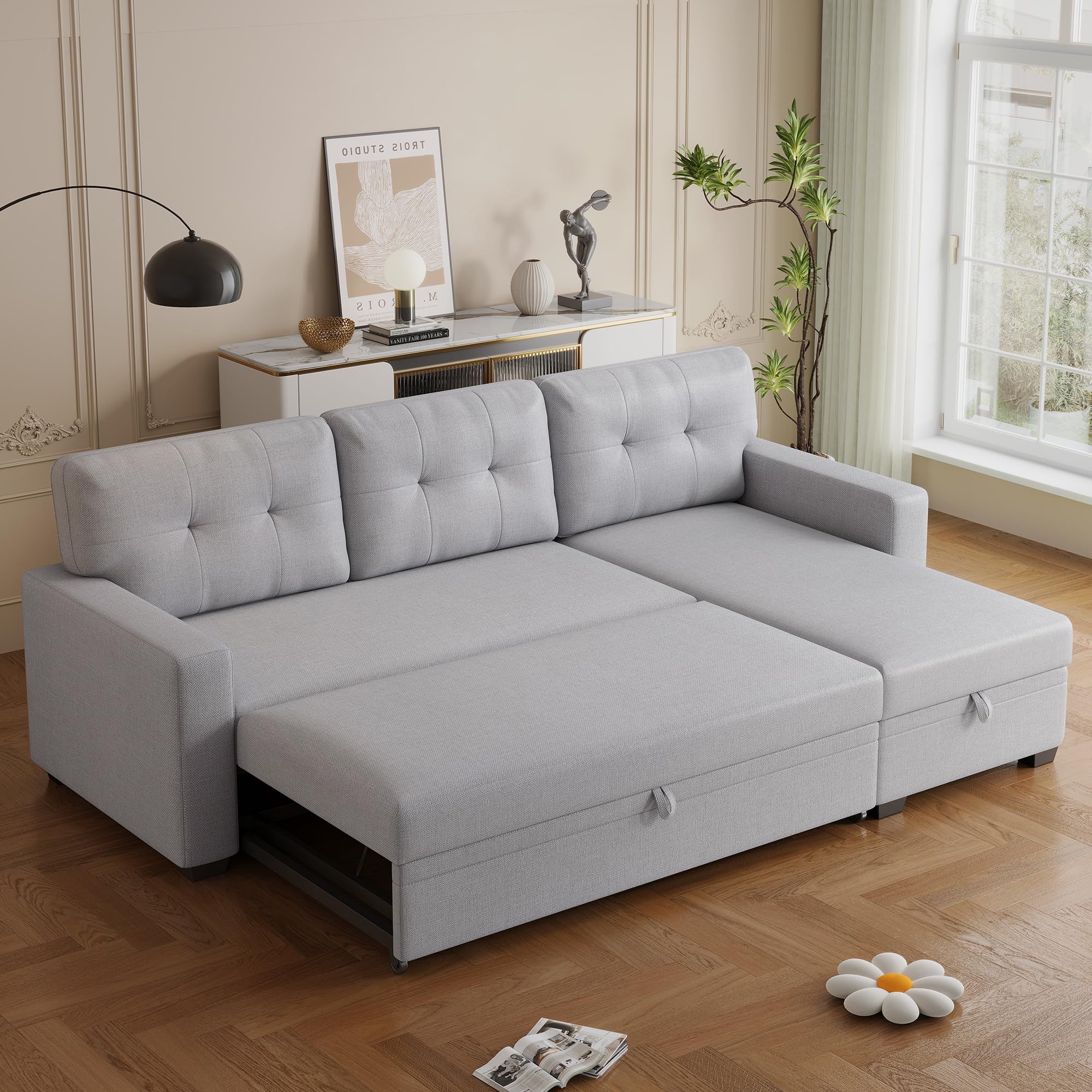 Jintop 82" L-Shape Convertible Sleeper Sectional Sofa with Storage Chaise and Pull-Out Bed,Upholstered Reversible Corner 3 Seater Couch with Button Tufted Backrest & Armrest,for Living Room,Light Gray