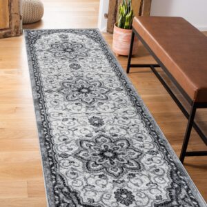 rugshop traditional medallion high traffic living room,bedroom,kitchen, home office runner rug 2' x 7' gray