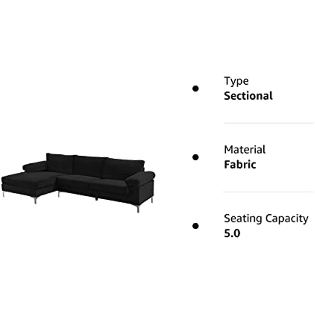 FANCUF Large Velvet Fabric Sectional Sofa L Shape Couch with Extra Wide Chaise Lounge, Black