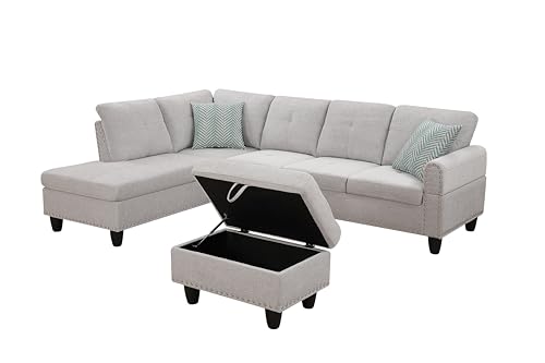 FANYE L-Shaped Sectional Sofa with Right Chaise & Nailhead Decor,Modern Faux Leather Tufted Upholstered Corner Sofa&Couch W/Cup Holders and Storage Ottoman for Home Apartment Office Living Room