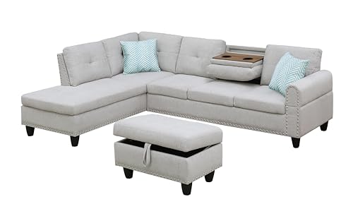 FANYE L-Shaped Sectional Sofa with Right Chaise & Nailhead Decor,Modern Faux Leather Tufted Upholstered Corner Sofa&Couch W/Cup Holders and Storage Ottoman for Home Apartment Office Living Room