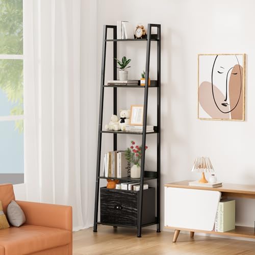 RbhAuto Upgraded Ladder Shelf, 5-Tier Elevated Ladder Bookshelf with Drawers, 63" Tall Bookshelf Ladder Shelf Bookcase, Standing Storage Ladder Shelves for Bedroom, Living Room, Home Office, Black Oak