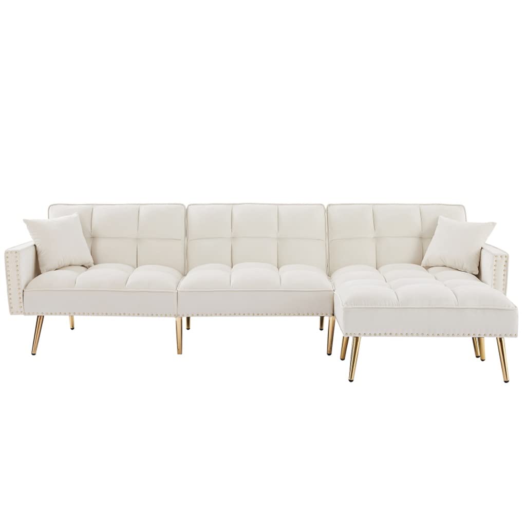 FANCUF Velvet Upholstered Reversible Sectional Sofa Bed, L-Shaped Couch with Movable Ottoman for Living Room.