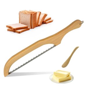 bread bow knife with wooden handle, serrated blade bread slicer for homemade bread, 304 stainless steel sourdough bread knife, sourdough bread baking supplies with butter spreader, 15 inch