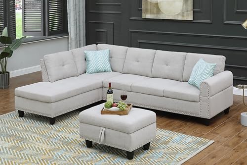 FANYE L-Shaped Sectional Sofa with Right Chaise & Nailhead Decor,Modern Faux Leather Tufted Upholstered Corner Sofa&Couch W/Cup Holders and Storage Ottoman for Home Apartment Office Living Room