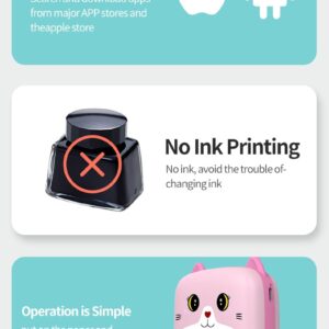 Thermal Mini Printer, Wireless Inkless Sticker & Label Maker with Tape, Bluetooth Machine Buddy for Phone iOS&Android, Free Cut Pocket Printer for Notes&Children DIY, Instant Photo Printing (Pink)