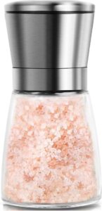 salt and pepper grinder, stainless steel refillable and adjustable manual pepper mill, 5.3"x 2.5" professional grinder for pepper, salt, and spices, fits in home, kitchen