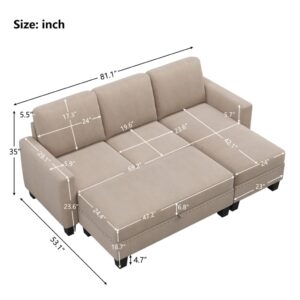 FANCUF 81" Reversible Sectional Couch with Storage Chaise L-Shaped Sofa Apartment Sectional Set 3 Pieces Sofa Set