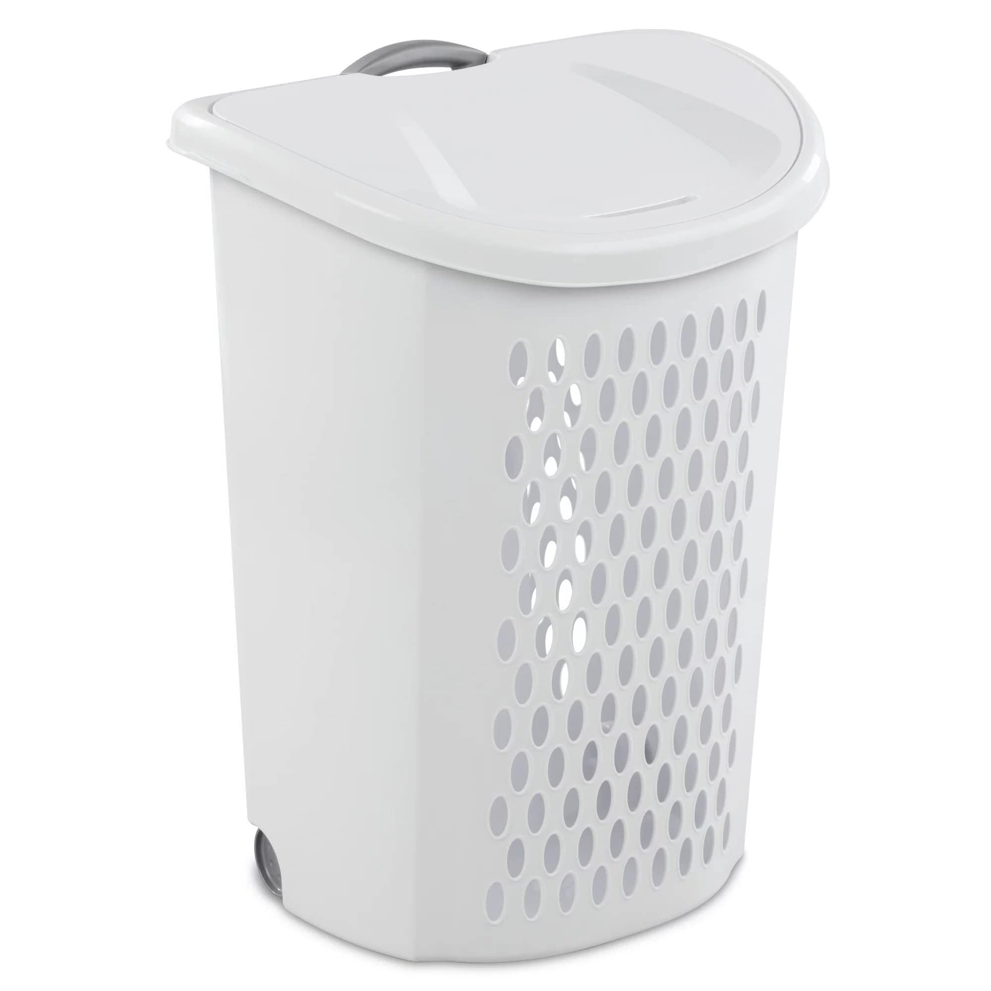 SeaQily Ultra Wheeled Design Clothes Laundry Basket, Mind Reader Basket Collection，135 Liter （20 1/8" x 15 3/8" x 26 3/4"）Capacity, Laundry Hamper White Lid & Base w/Plastic Handle & Wheels,1-Pack