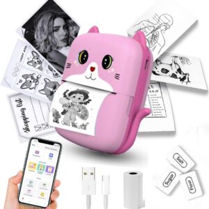 Thermal Mini Printer, Wireless Inkless Sticker & Label Maker with Tape, Bluetooth Machine Buddy for Phone iOS&Android, Free Cut Pocket Printer for Notes&Children DIY, Instant Photo Printing (Pink)