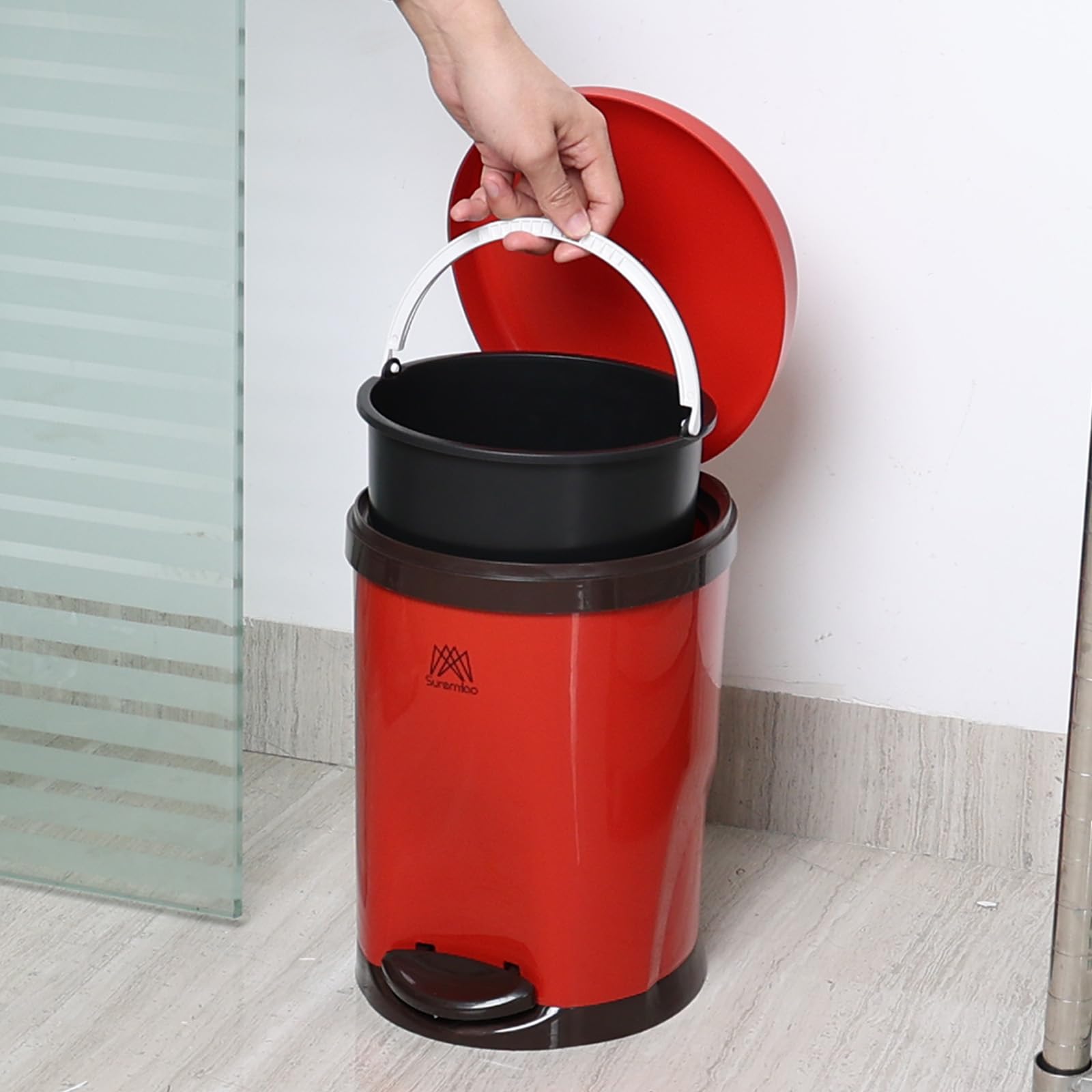 Afromy Small Bathroom Trash Can with Lid Soft Close, Step Pedal, 1.8 Gallon Garbage Can with Removable Inner Bucket, Red