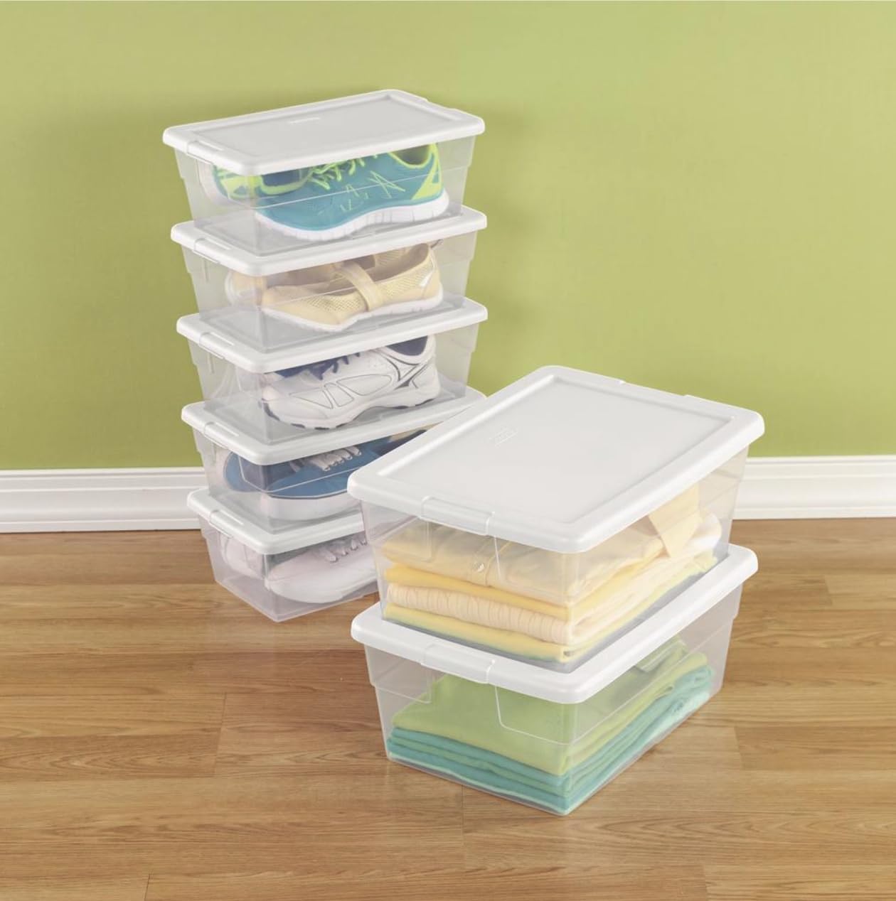 Sterilite Storage Boxes, 13.5L x 8W x 4.8H inches (34.3 x 20.3 x 12.2 cm), 6 QT, Clear with White Lid, Pack of 10