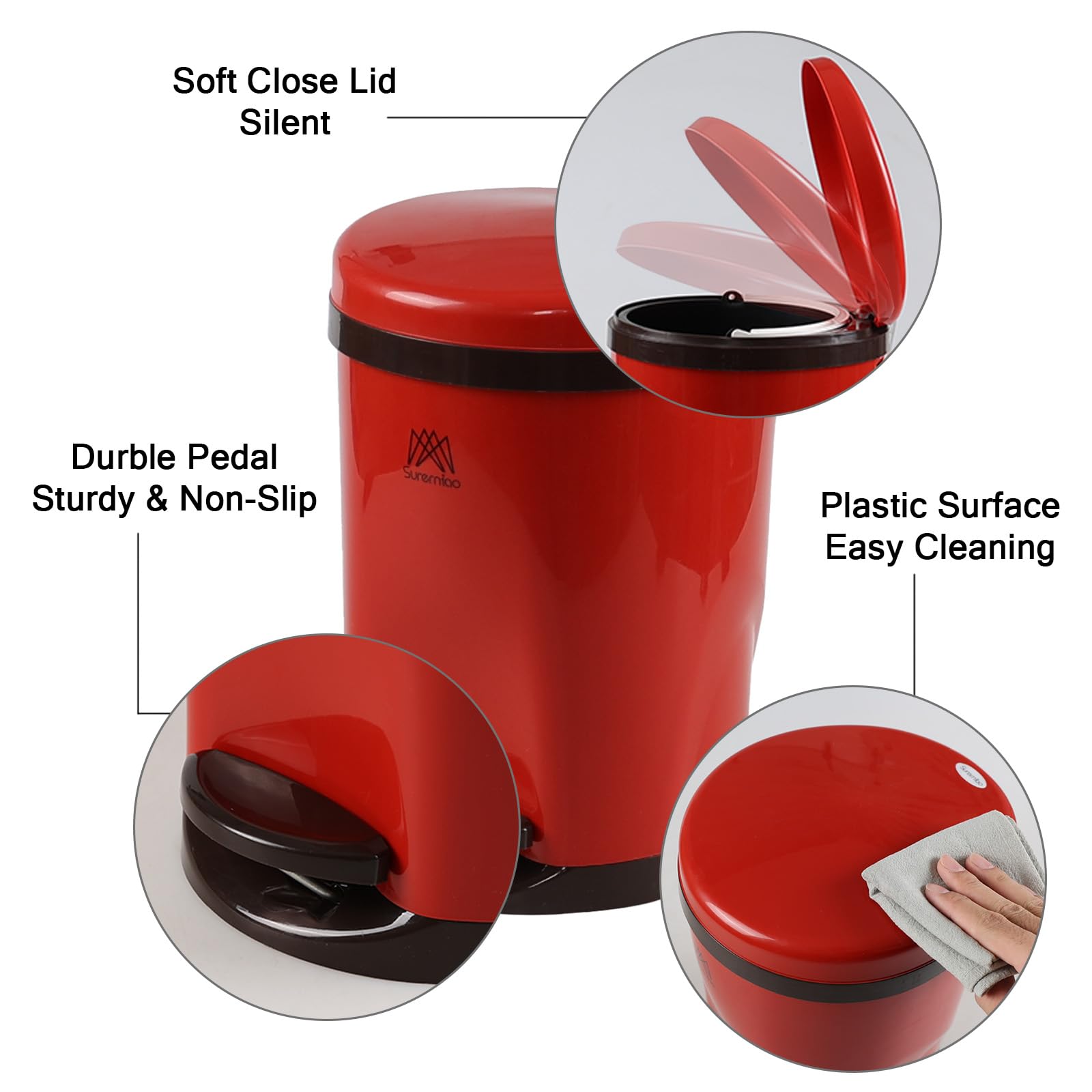 Afromy Small Bathroom Trash Can with Lid Soft Close, Step Pedal, 1.8 Gallon Garbage Can with Removable Inner Bucket, Red