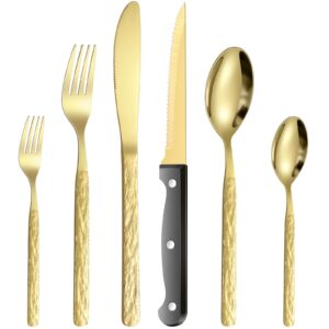 premium 24-piece stainless steel cutlery set with steak knives - golden silverware set for elegant dining experience