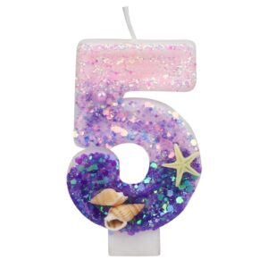 birthday candles for cake, pink and purple number 5 candles decorated with conchs starfish and pearls for mermaid theme party cake topper supplies (number 5)