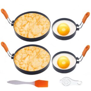 6" pancake ring 4" egg ring for griddle,non-stick stainless steel 6 inch pancake 4 inch egg ring for frying egg crumpet ring muffin ring with silicone handle（2x 6" pancake ring + 2x 4" egg ring）