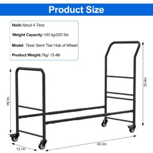 Rolling Tire Rack Adjustable,Metal Tire Storage and Transport Trailer,Heavy Duty Tire Holder,Mobile Tire Storage Shelf Cart with 4 Wheel,Garage/Workshops/Repair Shop Tire Stand Spare Tire Carrier