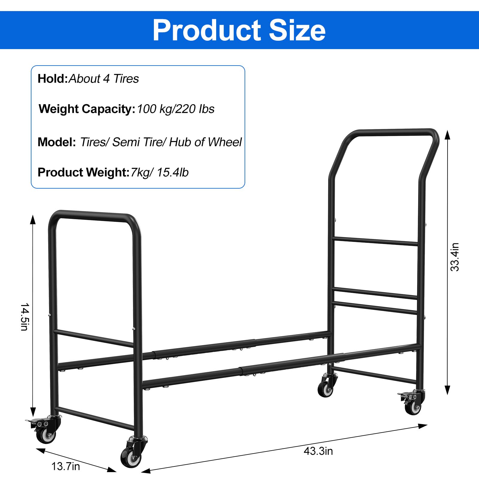 Rolling Tire Rack Adjustable,Metal Tire Storage and Transport Trailer,Heavy Duty Tire Holder,Mobile Tire Storage Shelf Cart with 4 Wheel,Garage/Workshops/Repair Shop Tire Stand Spare Tire Carrier