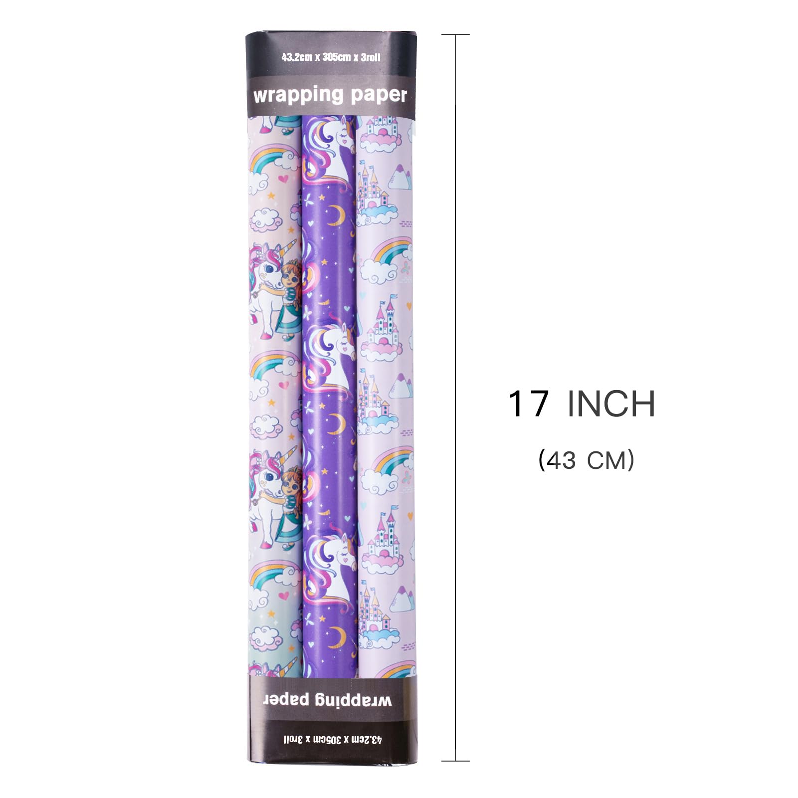 LeZakaa Birthday Wrapping Paper Roll - Mini Roll - Purple Unicorn/Castle, Rainbow/Girl, Unicorn Print for Kids, Girl, Women Gift Wrapping Party Favor - 17.5 x 120 inches, 3 Rolls (42.5 sq.ft.ttl.)