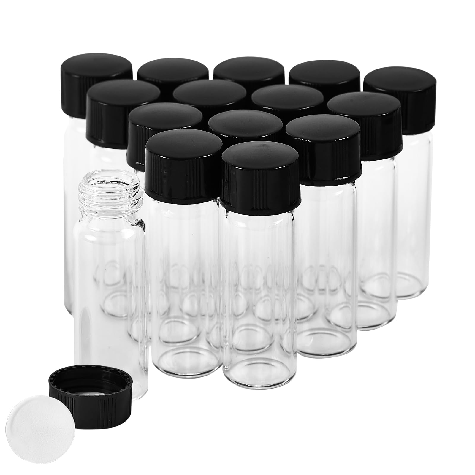 QOAEZK 15 PCS 2 Dram Glass Vials, Small Liquid Sample Vial,17x60mm 8ml Borosilicate Glass Empty Vials with Caps, Leak-Proof Vial,15-425 Black Screw Caps with PE Liner