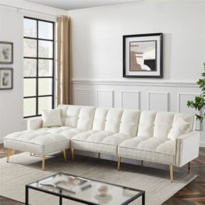 FANCUF Velvet Upholstered Reversible Sectional Sofa Bed, L-Shaped Couch with Movable Ottoman for Living Room.