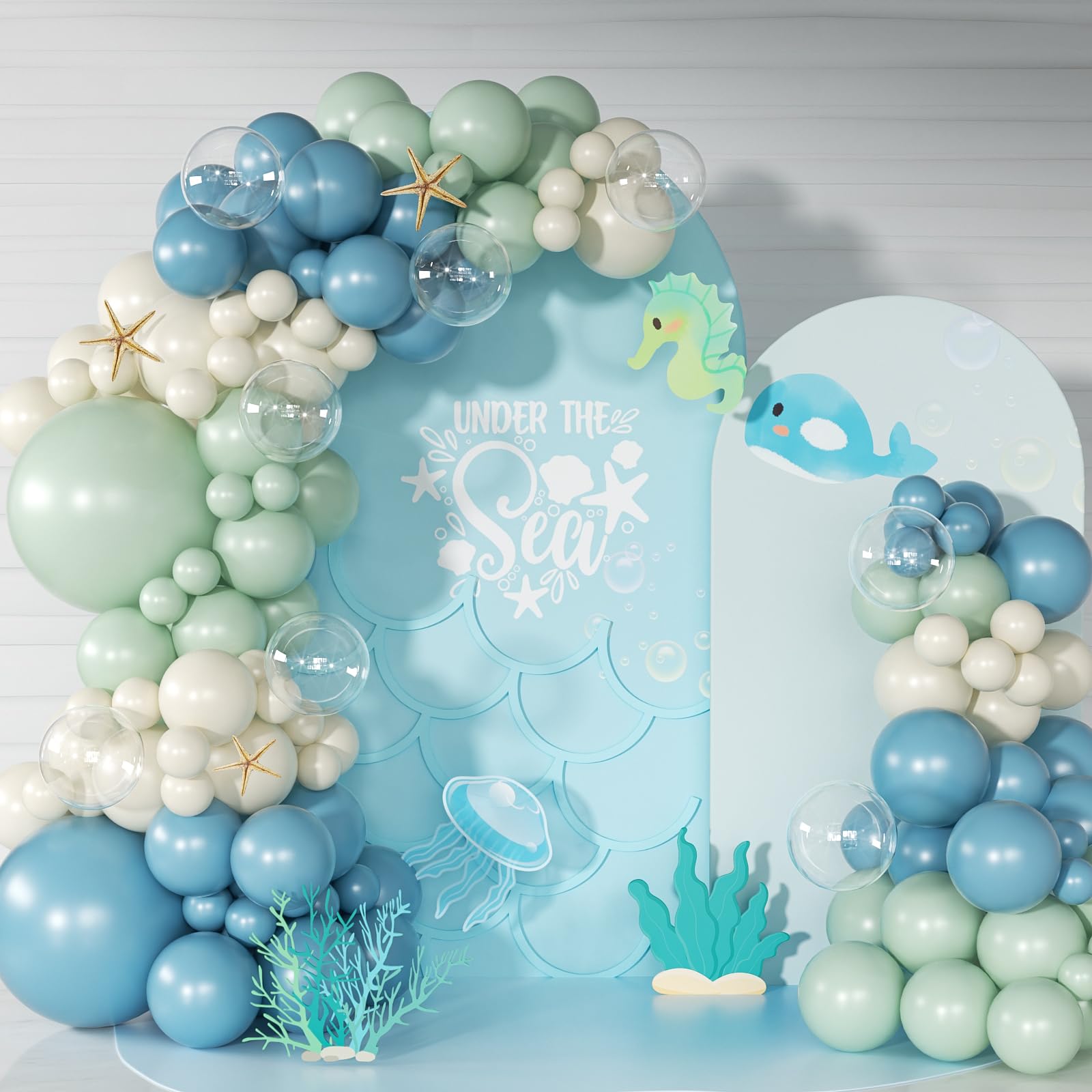 Under the Sea Party Decorations, Dust Green Blue Under the Sea Balloon Garland Arch kit, Ocean Themed Party Decorations Baby Shower Birthday Party Decor(136Pcs)