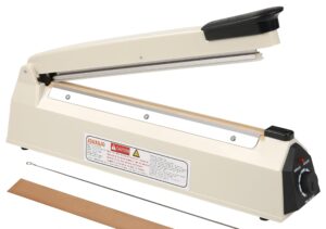 impulse sealer 12 inch manual heat sealer machine with adjustable heating mode, abs shrink wrap bag sealers for plastic pe pp bags, portable poly bag sealing machine with extra replace kit(ivory)