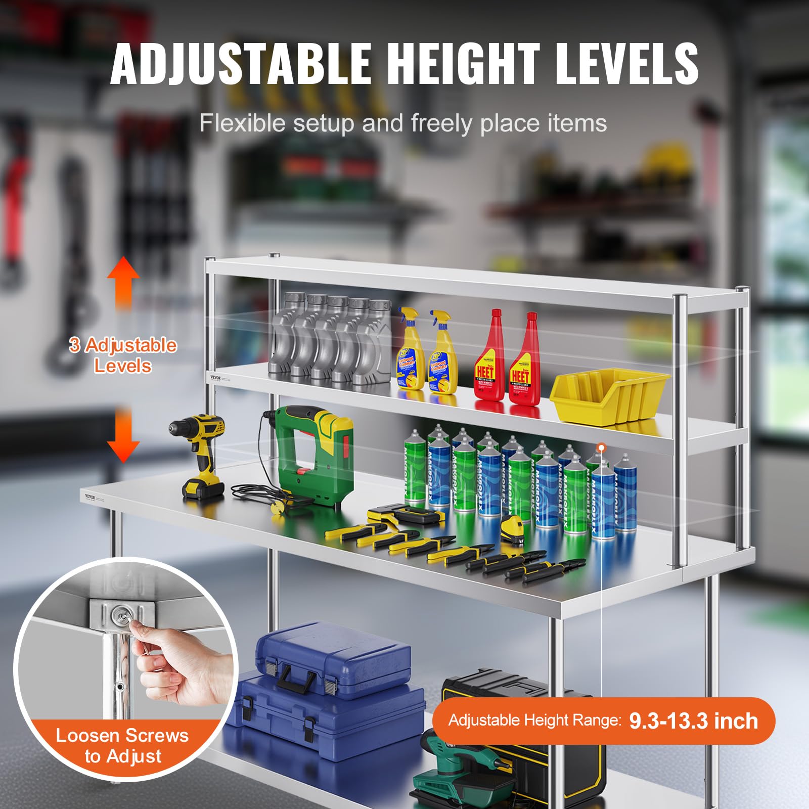 VEVOR Double Overshelf, Double Tier Stainless Steel Overshelf, 12 x 72 Inch Double Deck Overshelf, Height Adjustable Overshelf Prep Work Table for Kitchen, Restaurant and Workshop