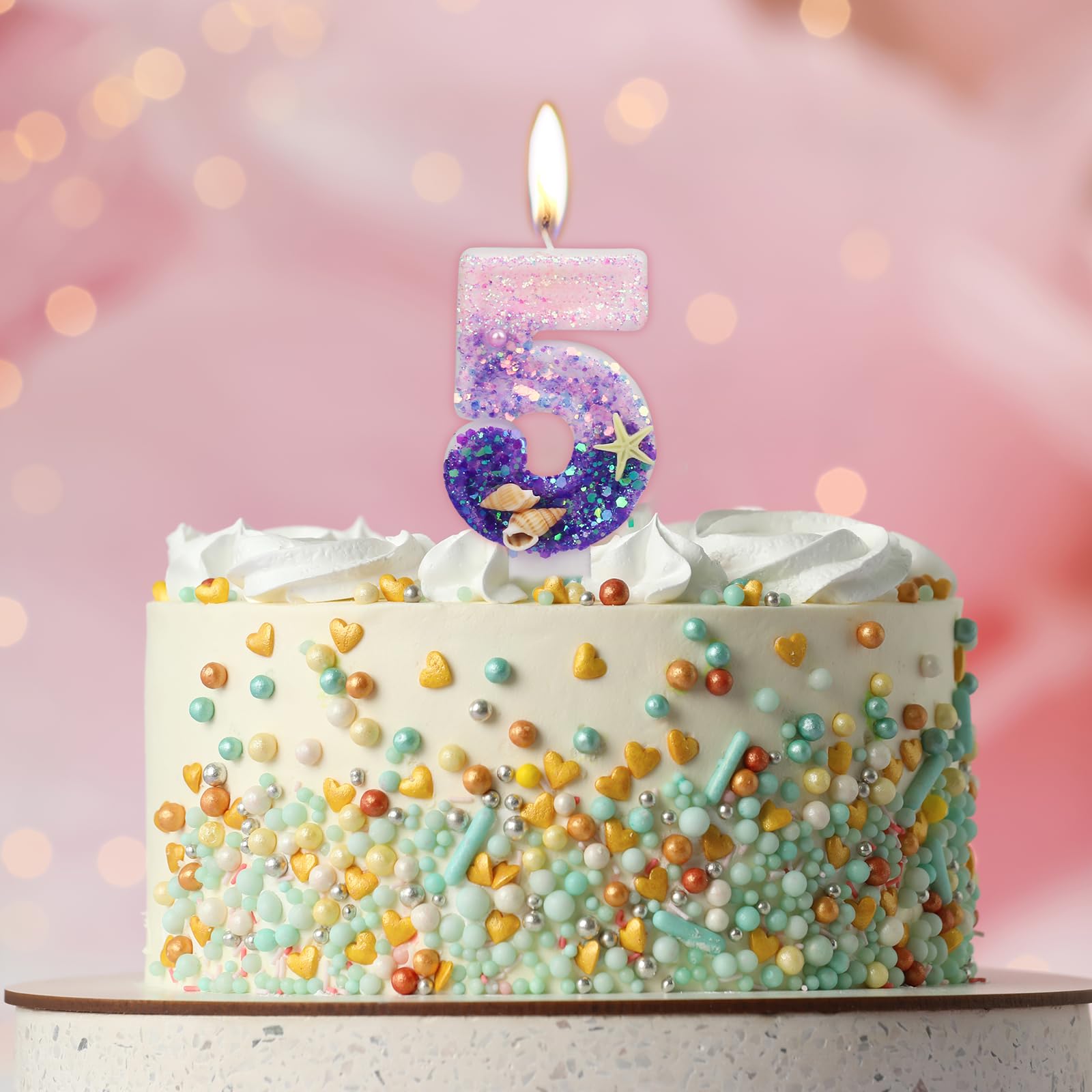 Birthday Candles for Cake, Pink and Purple Number 5 Candles Decorated with Conchs Starfish and Pearls for Mermaid Theme Party Cake Topper Supplies (Number 5)