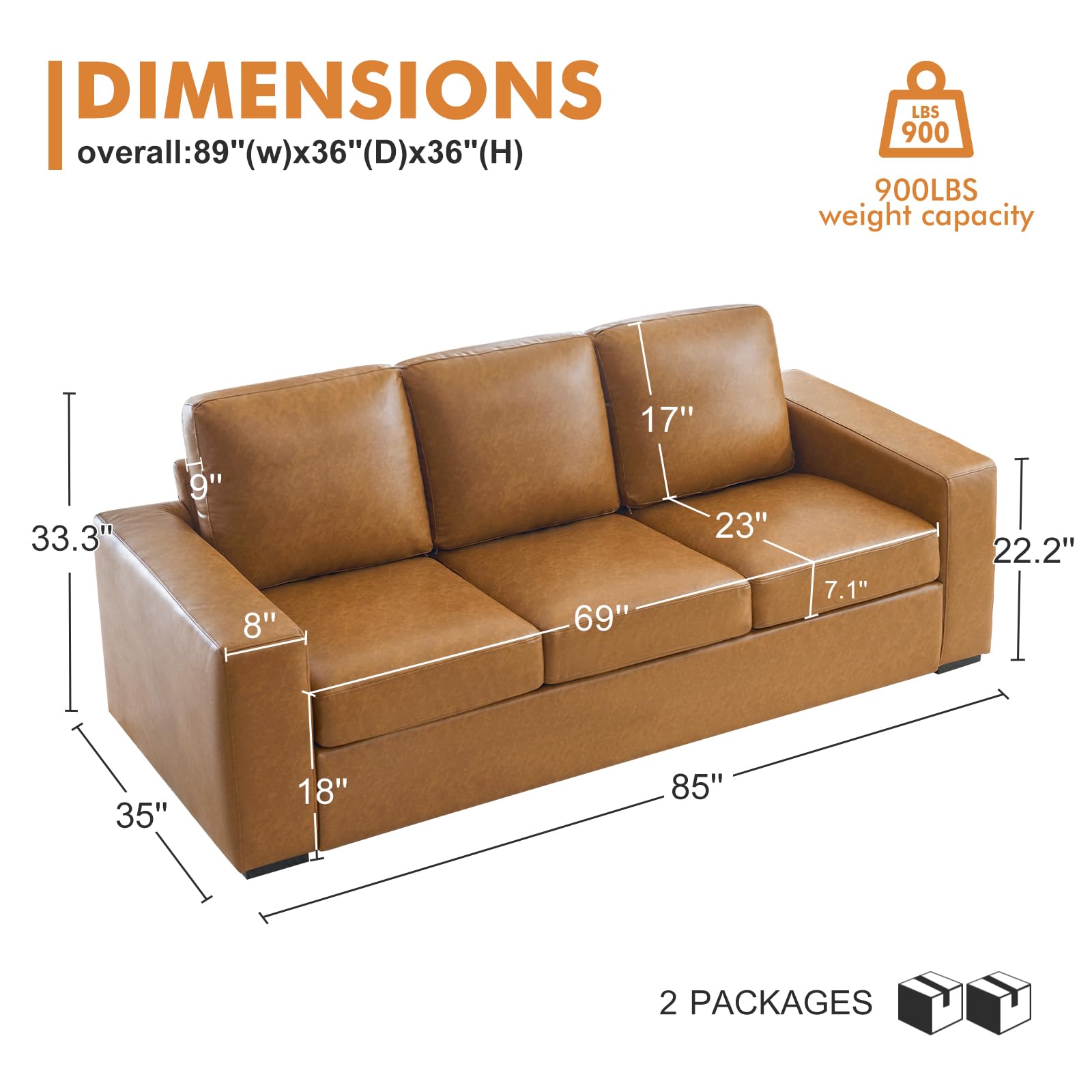 ELUCHANG 85" Luxury 3 Seater Sofa Couch for Living Room, Modern Upholstered Faux Leather Sofas Couches with Extra Deep Seats&Removable Cover, Comfy Sofa Couch for Small Space Apartment Lounge, Brown