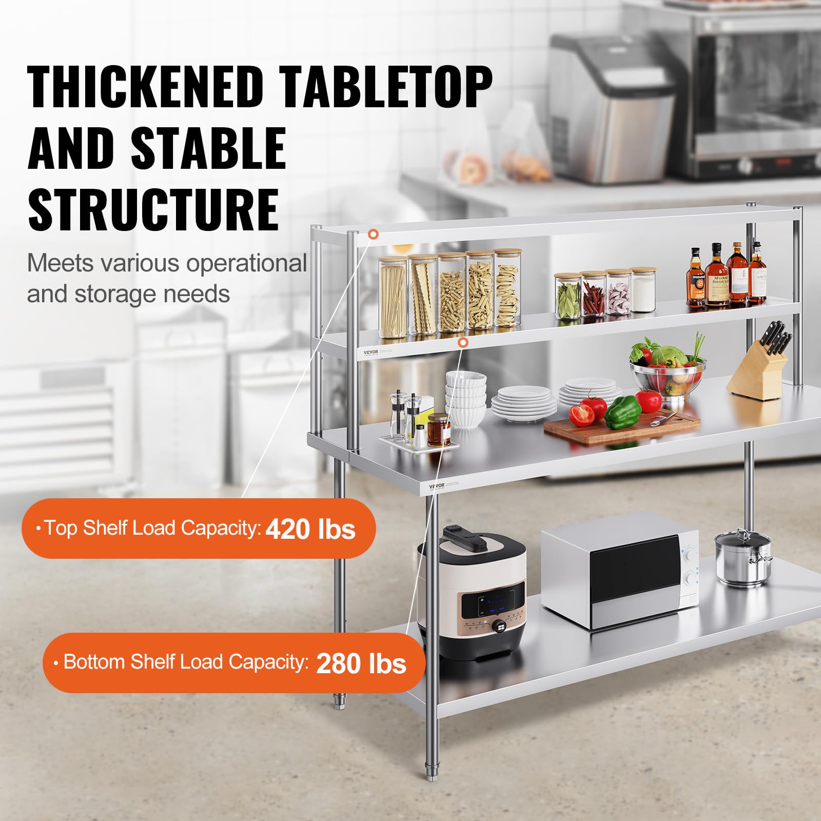 VEVOR Double Overshelf, Double Tier Stainless Steel Overshelf, 12 x 72 Inch Double Deck Overshelf, Height Adjustable Overshelf Prep Work Table for Kitchen, Restaurant and Workshop