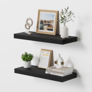 black floating shelves for wall, 9 inch deep floating shelves set of 2, 24 inch long solid wood wall mounted shelves for books living room bedroom kitchen home office, 24"w x 9.3"d x 1.6"h